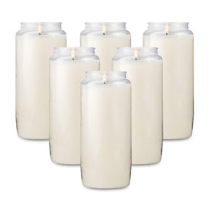 tribello 6 day candles, 6 pack | 6” white pillar candles for memorial, religious ceremony, party decor, emergency survival | unscented slow burning 100% vegetable wax in plastic jar container