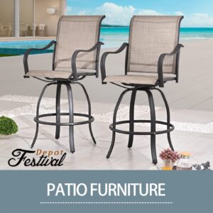 Sports Festival 2Pcs Patio Bar Stools with Armrest High Swivel Chairs with Textilene Fabric Metal Outdoor Furniture for Bistro Deck Lawn