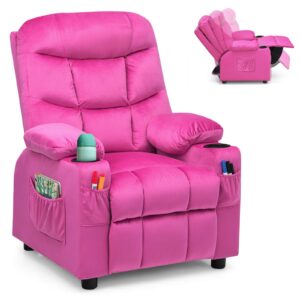 costzon kids velvet recliner chair with cup holder, footrest & side pockets for children boys girls baby bedroom, adjustable, ergonomic toddler furniture sofa gifts (rose)