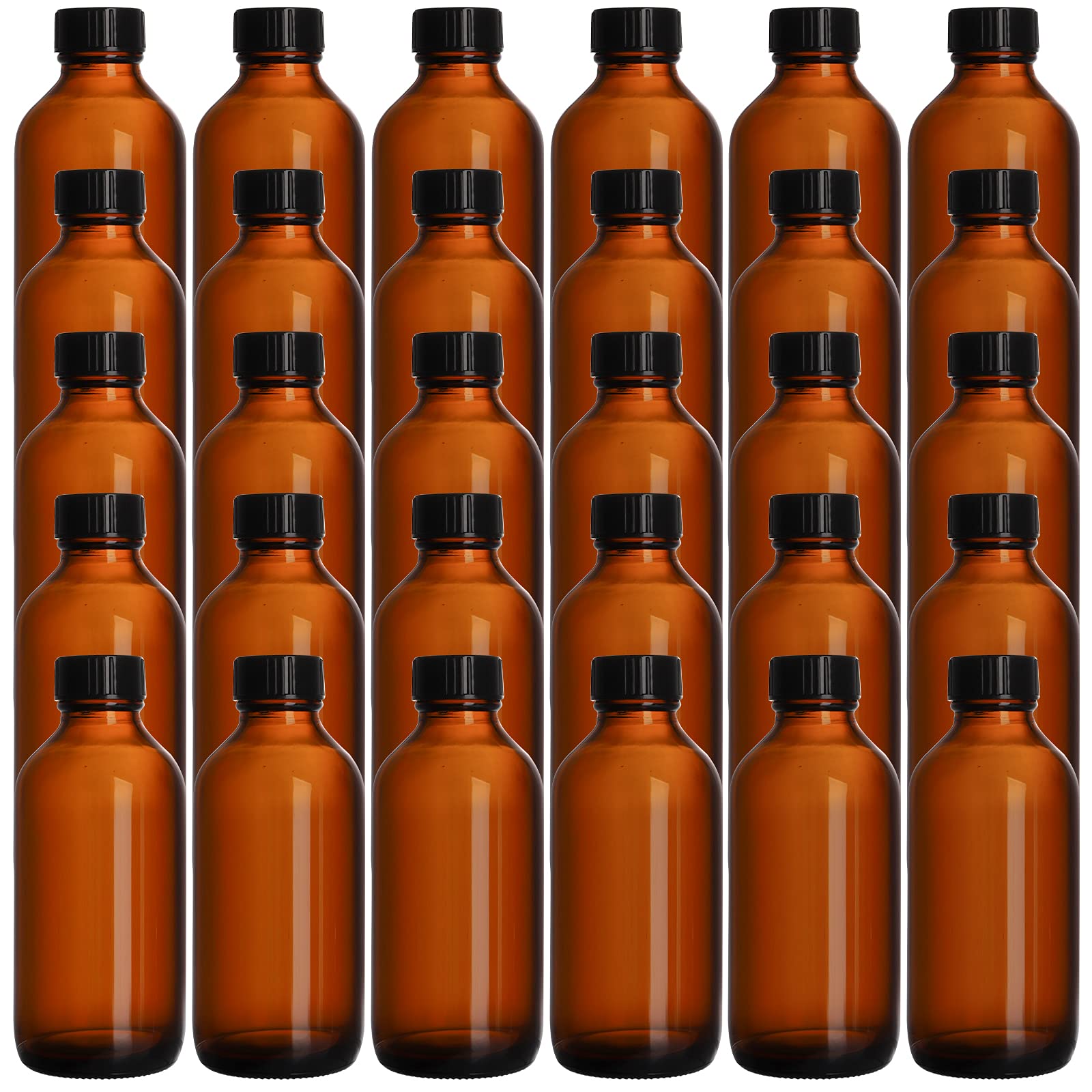 Bekith 30 Pack 4 oz Amber Glass Bottles, Boston Round Sample Bottles with Black Poly Cone Cap for Juice, Ginger Shots, Oils, Whiskey, Liquids