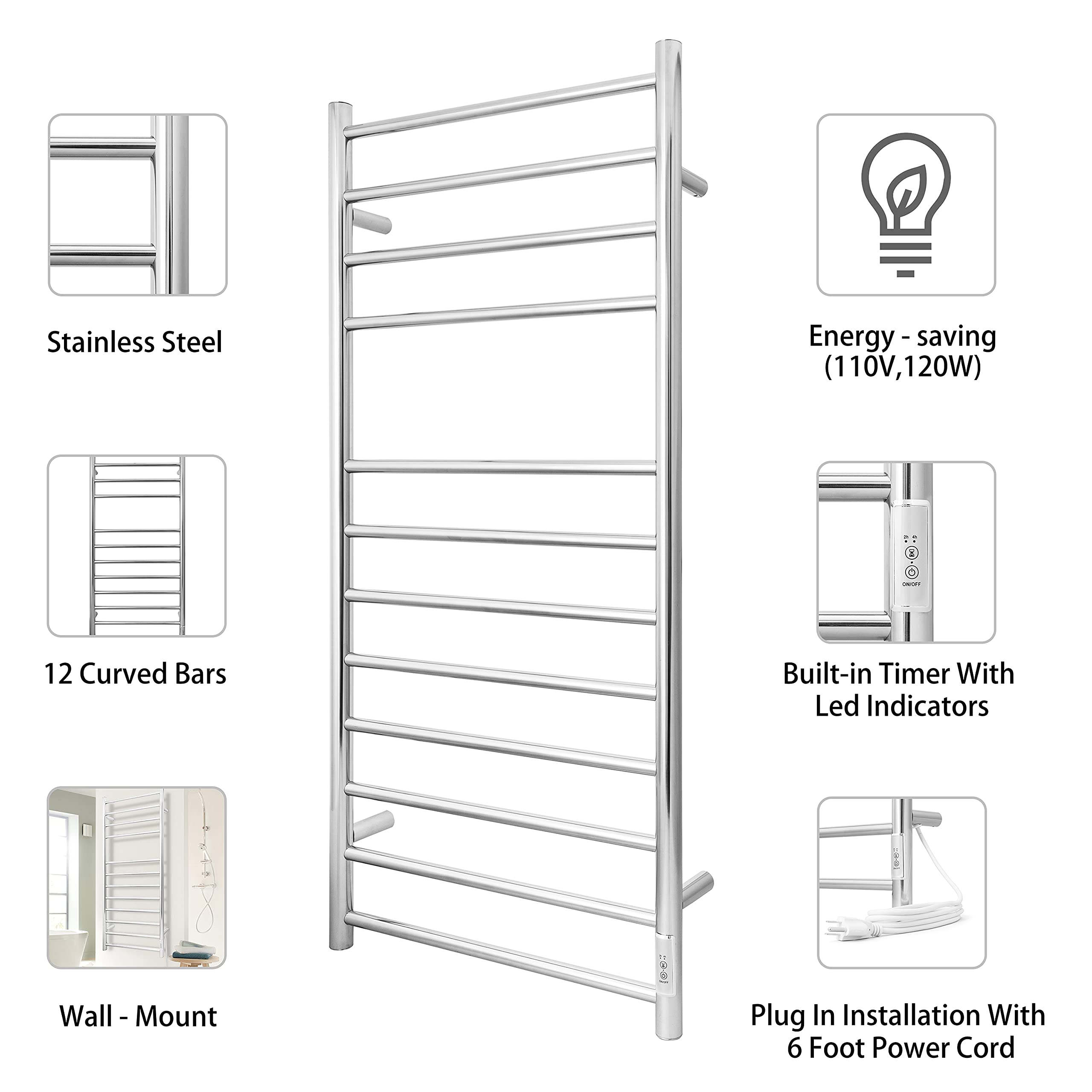 KEG Towel Warmer Wall Mounted with Built-in Timer 12 Bars Electric Stainless Steel Heated Towel Racks for Bathroom, Hot Plug-in Bath Towel Heater Polish Chrome