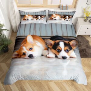 erosebridal corgi comforter cover set queen size pup dog duvet cover set for kids child,cute pet animal theme little doggy bedding set for girls teens boys,lovely puppy dog lover bedroom decor gray