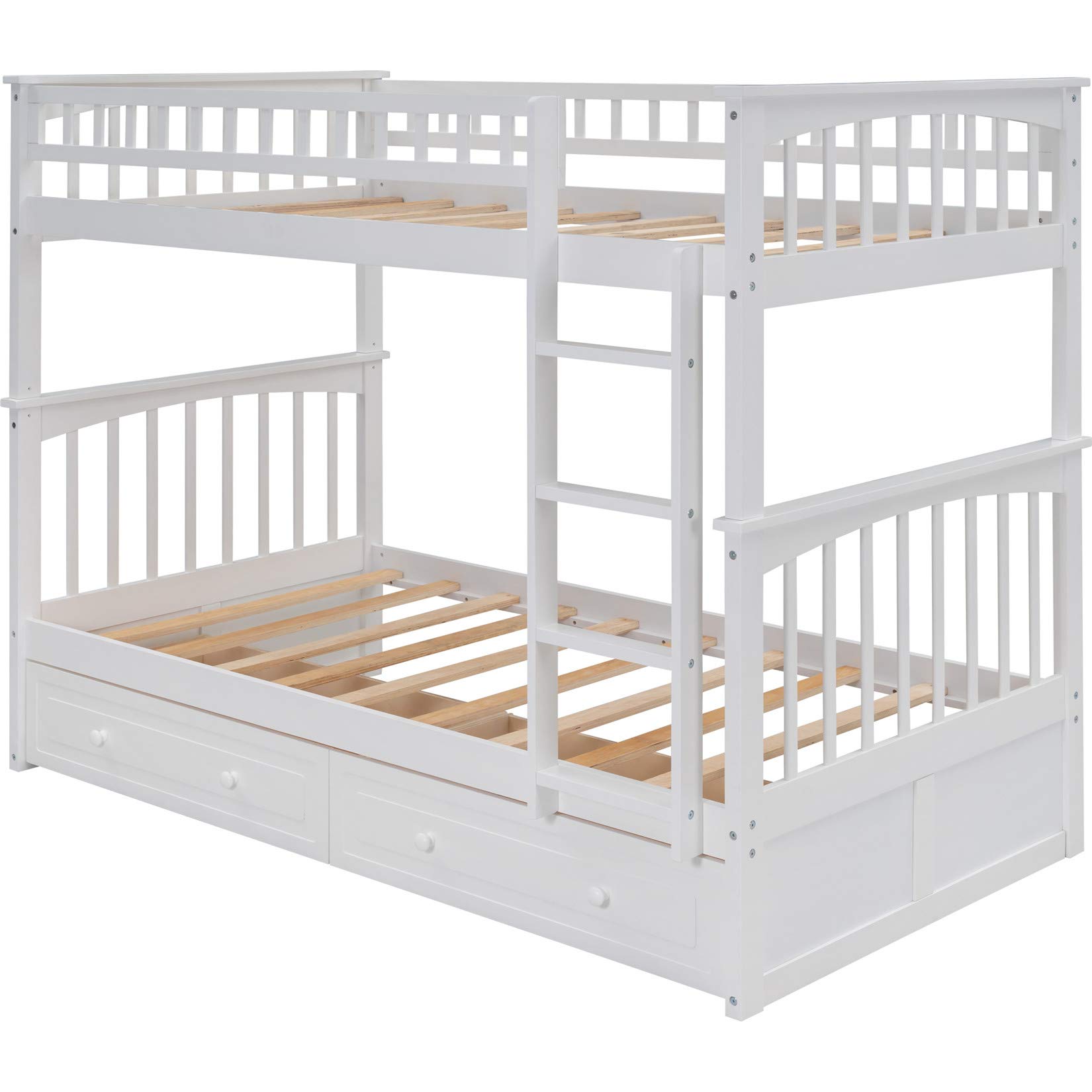 Bunk Beds Twin Over Twin with Drawers, Solid Wood Bunk Beds with Ladder for Boys Girls Teens Adults, White