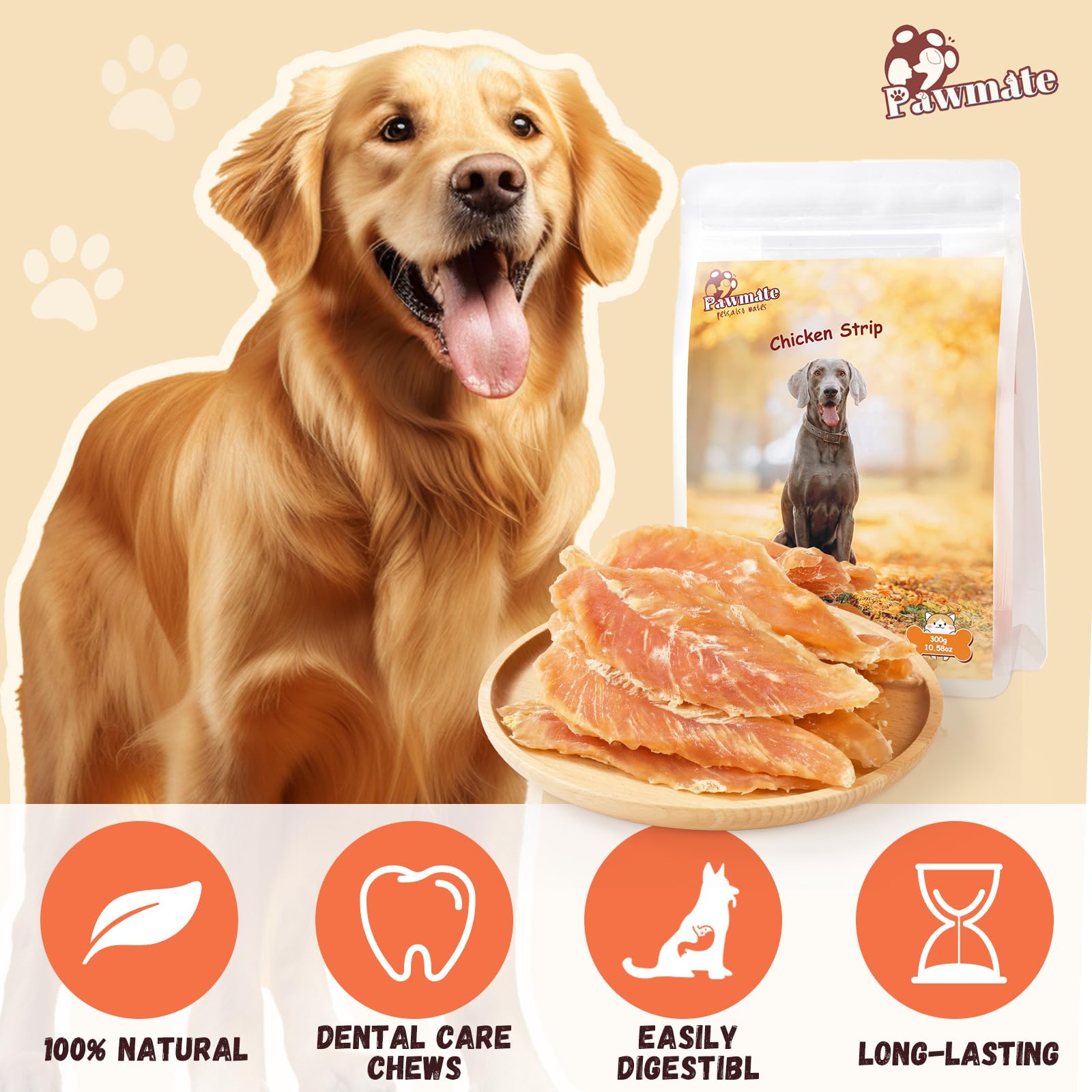 Pawmate Chicken Jerky Tenders, Healthy Natural Dog Treats Rawhide-Free Grain-Free Chicken Jerky for Dogs High Protein Training Treats Snacks for Small Medium Large Dogs 12 Counts