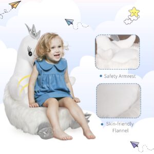 Qaba Stuffed Animal Sofa Armrest Chair Cartoon Storage Bean Bag Chair for Kids with Cute Swan Flannel PP Cotton 22" x 16.5" x 22" White