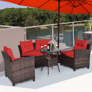 Tangkula 4-Piece Patio Furniture Set, C-Shape Outdoor Wicker Sectional Sofa Set, w/Cushions & Glass Coffee Table, Modern Deck Rattan Furniture for Garden Poolside Balcony (Red)