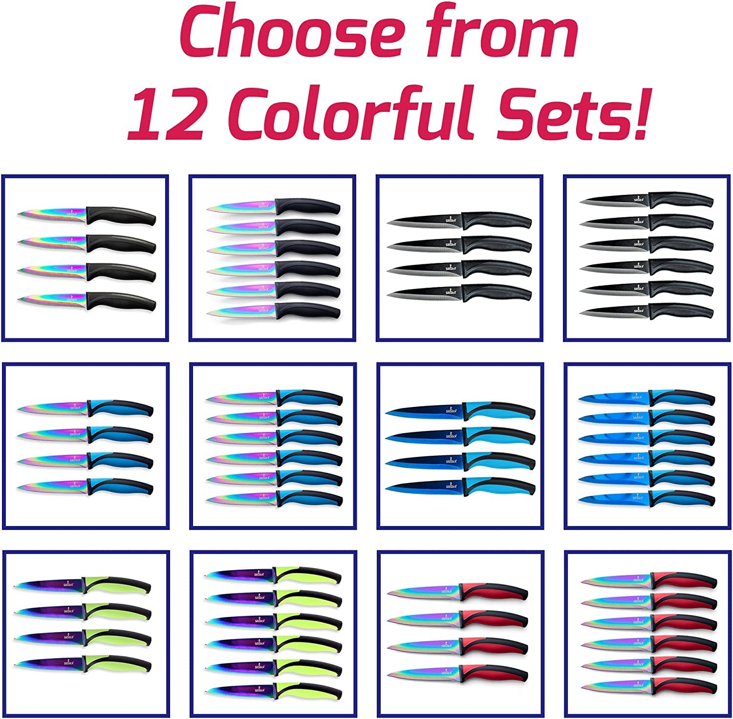 SiliSlick Stainless Steel Steak Knife Set - Titanium Coated Colorful Kitchen Knives with Straight Edge, Smooth & Sharp - Rainbow Iridescent Kitchen Gifts & Accessories