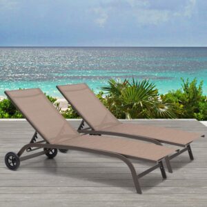 vredhom 2 pcs outdoor chaise lounge chair, aluminum reclining adjustable patio lounge chairs w/6-position backrest adjustment, wheels