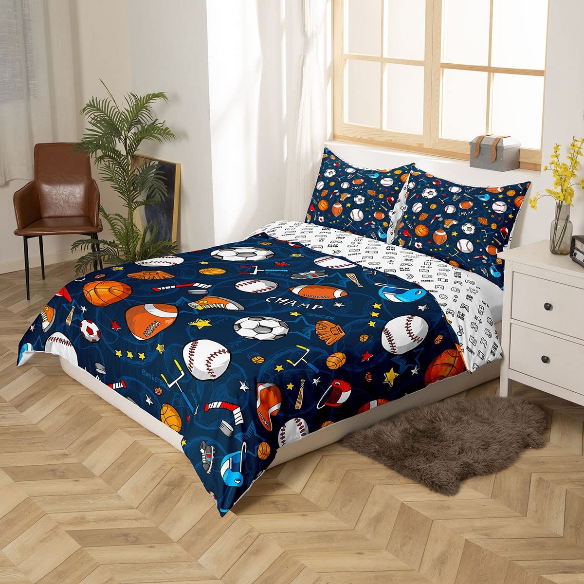 Football Bedding Sets Basketball Baseball Rugby Reversible Comforter Cover Set for Boys Teens Ball Sports Duvet Cover Soccer Football Game Volleyball Bedspread Cover Full Size,Soft Kids Room Decor