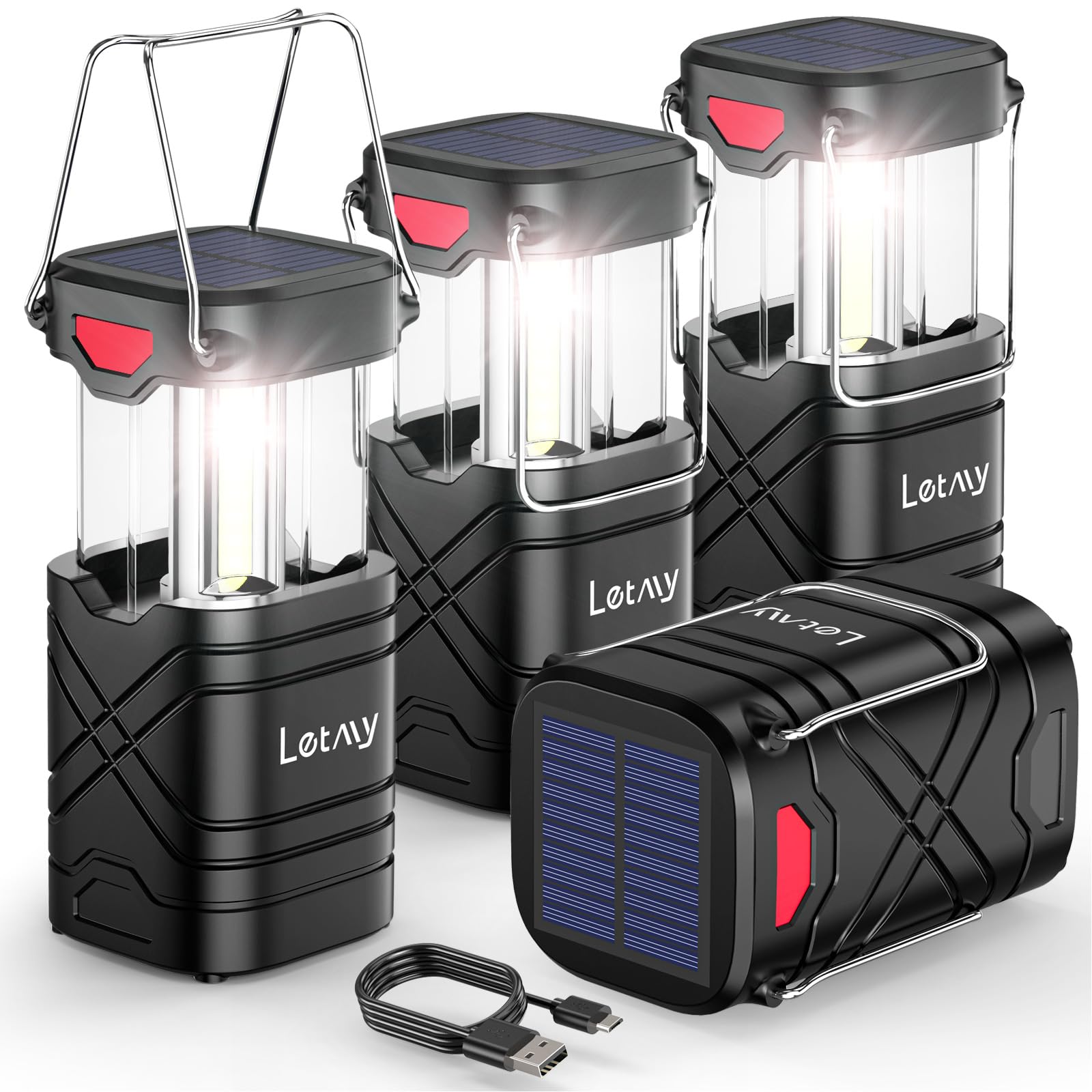 LETMY 4 Pack Camping Lantern, Rechargeable LED Lanterns, Solar Lantern Battery Powered Hurricane Lantern Flashlights with 3 Powered Ways & USB Cable for Emergency, Power Outage, Hurricane Supplies