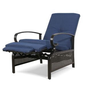 Ulax furniture Outdoor Recliner Adjustable Metal Patio Reclining Lounge Recliner Sofa Chair with Removable 100% Olefin Cushion (Navy)