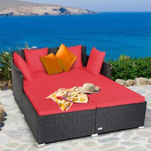 Tangkula Outdoor Rattan Daybed, Sunbed Wicker Furniture w/Spacious Seat, Upholstered Cushion & High-Resilience Sponge, Wicker Patio Sofa Set w/Extra Pillows for Courtyard Poolside(Red)