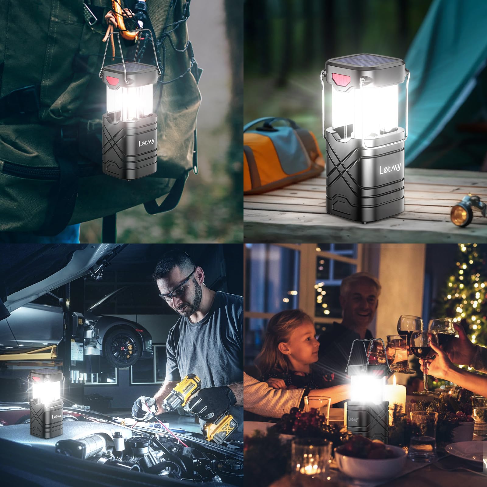 LETMY 4 Pack Camping Lantern, Rechargeable LED Lanterns, Solar Lantern Battery Powered Hurricane Lantern Flashlights with 3 Powered Ways & USB Cable for Emergency, Power Outage, Hurricane Supplies