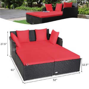 Tangkula Outdoor Rattan Daybed, Sunbed Wicker Furniture w/Spacious Seat, Upholstered Cushion & High-Resilience Sponge, Wicker Patio Sofa Set w/Extra Pillows for Courtyard Poolside(Red)