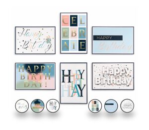 smart scribbles happy birthday cards - 48 assortment birthday cards with envelopes and stickers - 4x6 birthday cards with gold foil - 6 cards and 6 stickers of each design - total of 48