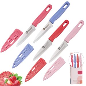 vsl vanslenson 4 pieces kitchen knife set stainless steel blade, paring knife for fruit and vegetable with matching covers colorful combo lovely pink color gift set (2)