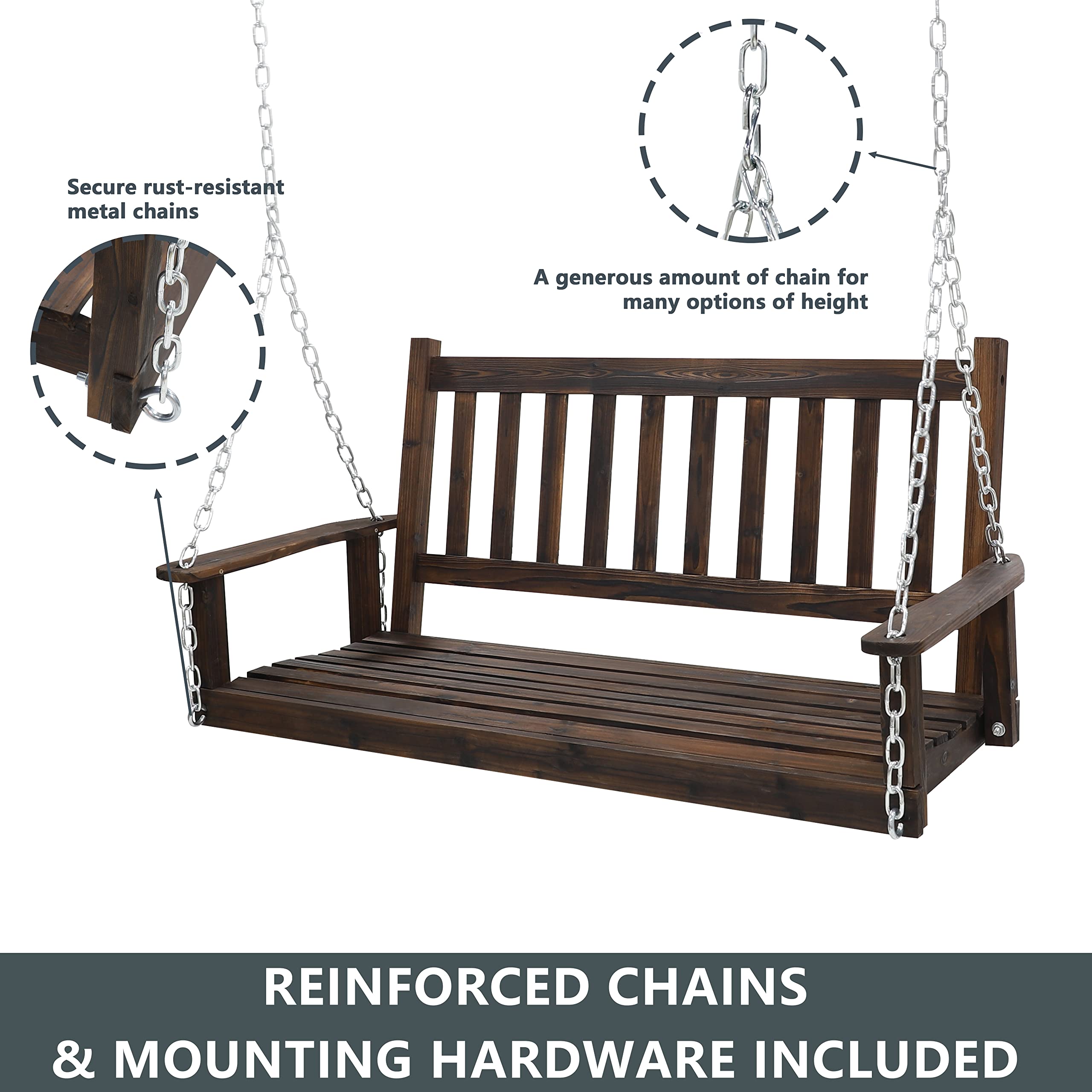 MUPATER Outdoor Patio Hanging Wooden Porch Swing 4FT with Chains, 2-Person Heavy Duty Swing Bench for Garden and Backyard, Black