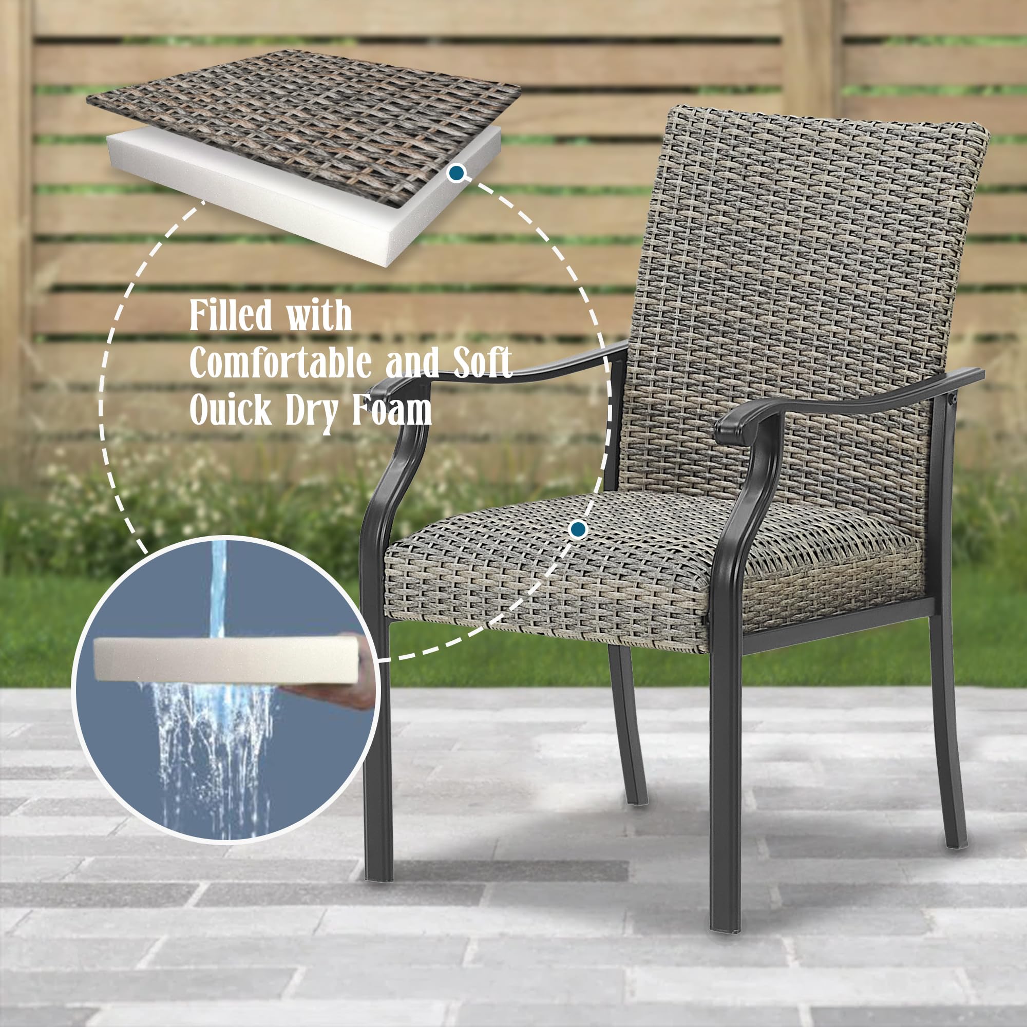 PATIO TREE 2 PCS Patio Dining Chairs Outdoor Quick Dry Foam Padded Rattan Chairs