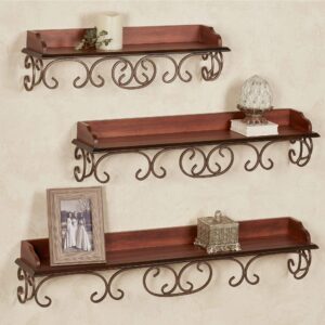 ashburn vintage wall shelves - classical regal walnut - set of three - bordered wooden shelf - metallic scrollwork aprons, burnished gold, bronze highlights