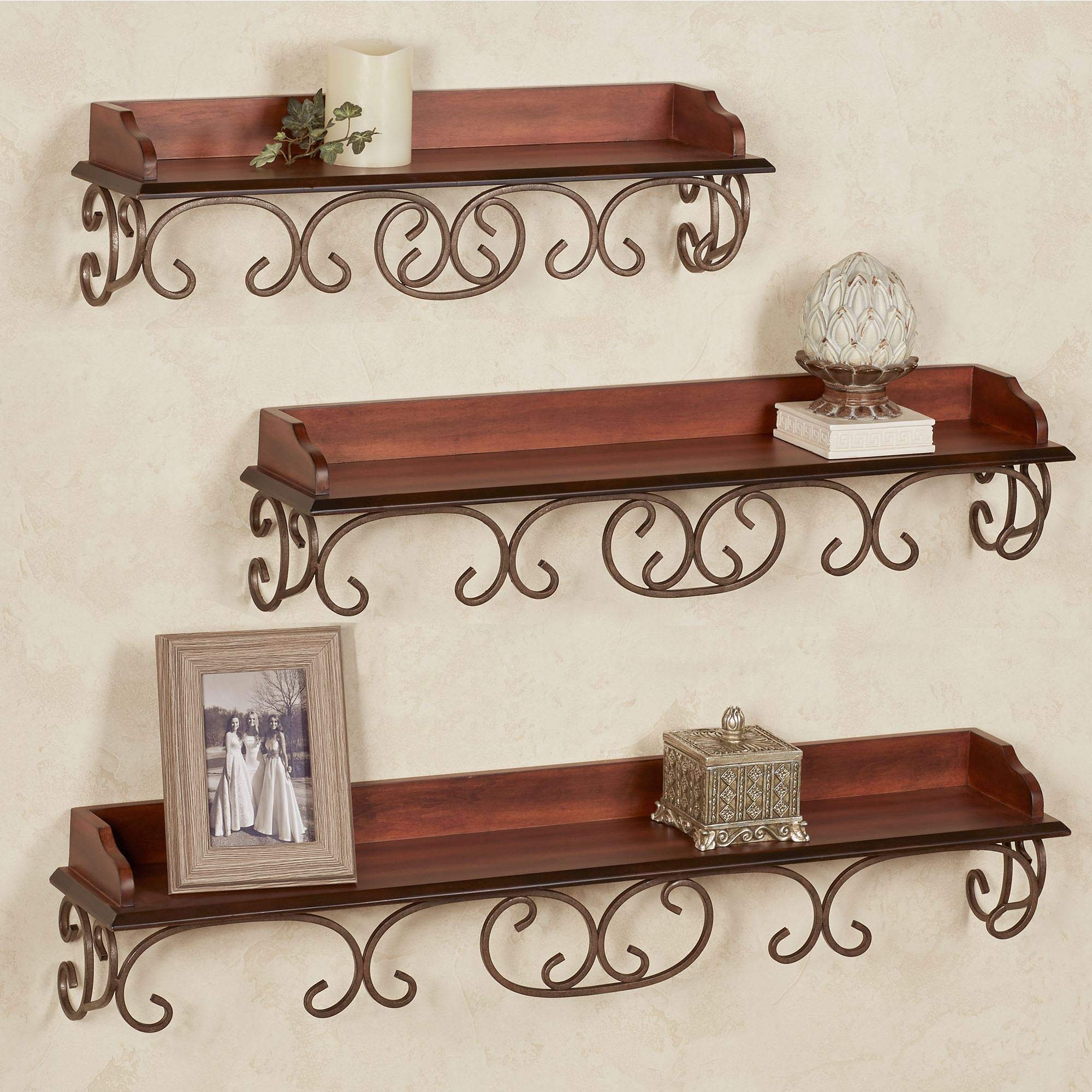 Ashburn Vintage Wall Shelves - Classical Regal Walnut - Set of Three - Bordered Wooden Shelf - Metallic Scrollwork Aprons, Burnished Gold, Bronze Highlights