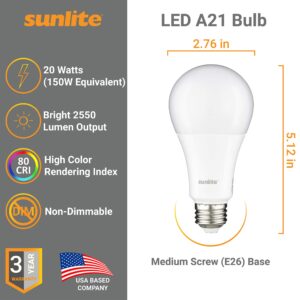 Sunlite 40235 LED A21 Light Bulb, 20 Watts (150w Equivalent), 2550 Lumens, Medium E26 Base, 120-227 Multi-Volt, Non-Dimmable, UL Listed, 5000K Super White, 6 Pack