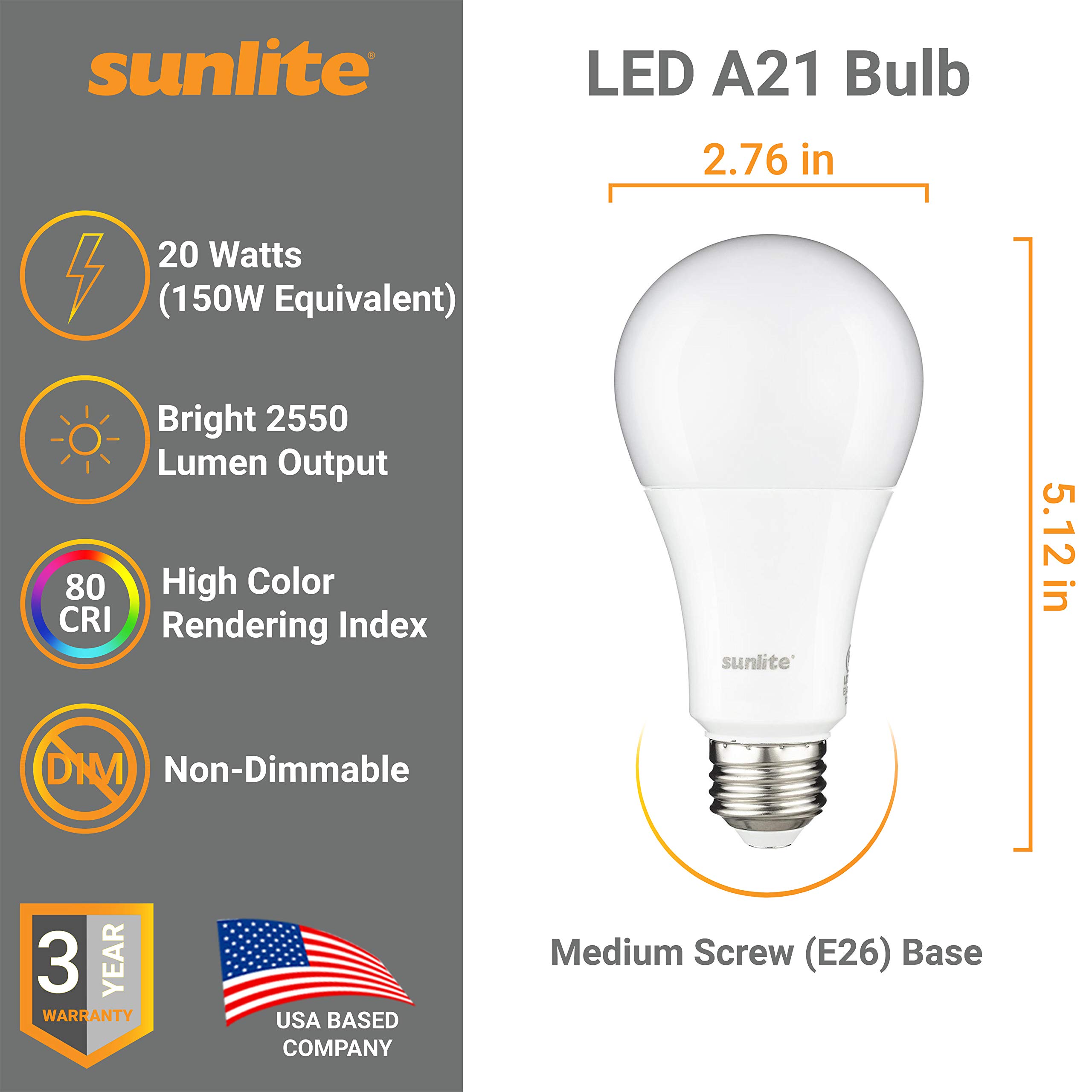 Sunlite 40235 LED A21 Light Bulb, 20 Watts (150w Equivalent), 2550 Lumens, Medium E26 Base, 120-227 Multi-Volt, Non-Dimmable, UL Listed, 5000K Super White, 6 Pack