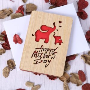 Della Stella Mothers Day Cards,Handmade Bamboo Greeting Cards,Wooden Thankyou Card,Wooden Birthday Card for Mom,Mum Birthday Gift,Elephant pattern