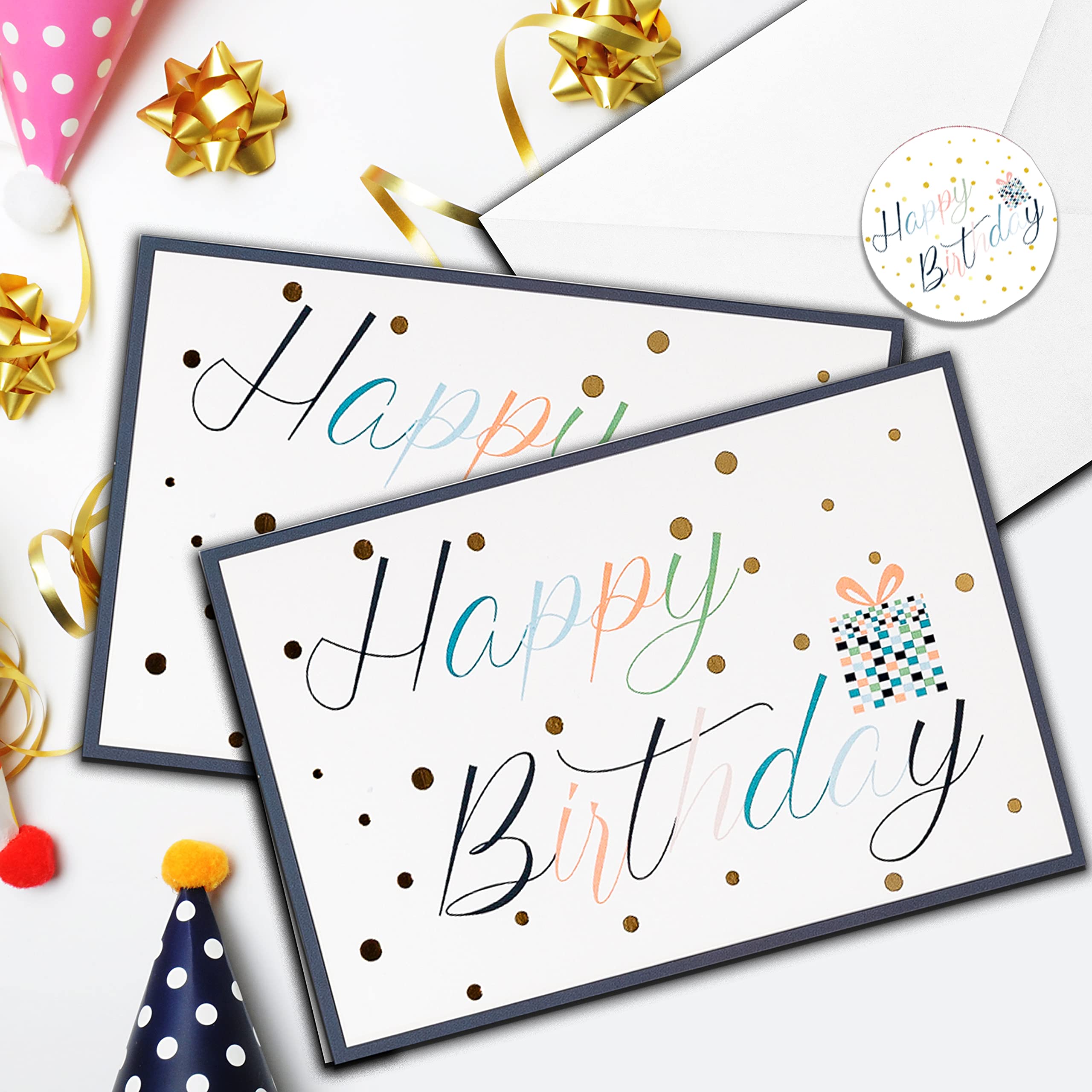 smart scribbles Happy Birthday Cards - 48 assortment Birthday Cards with Envelopes and Stickers - 4x6 Birthday Cards with Gold Foil - 6 Cards and 6 Stickers of Each Design - Total of 48