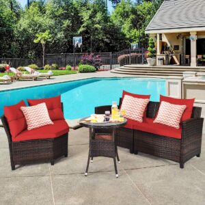 Tangkula 4-Piece Patio Furniture Set, C-Shape Outdoor Wicker Sectional Sofa Set, w/Cushions & Glass Coffee Table, Modern Deck Rattan Furniture for Garden Poolside Balcony (Red)