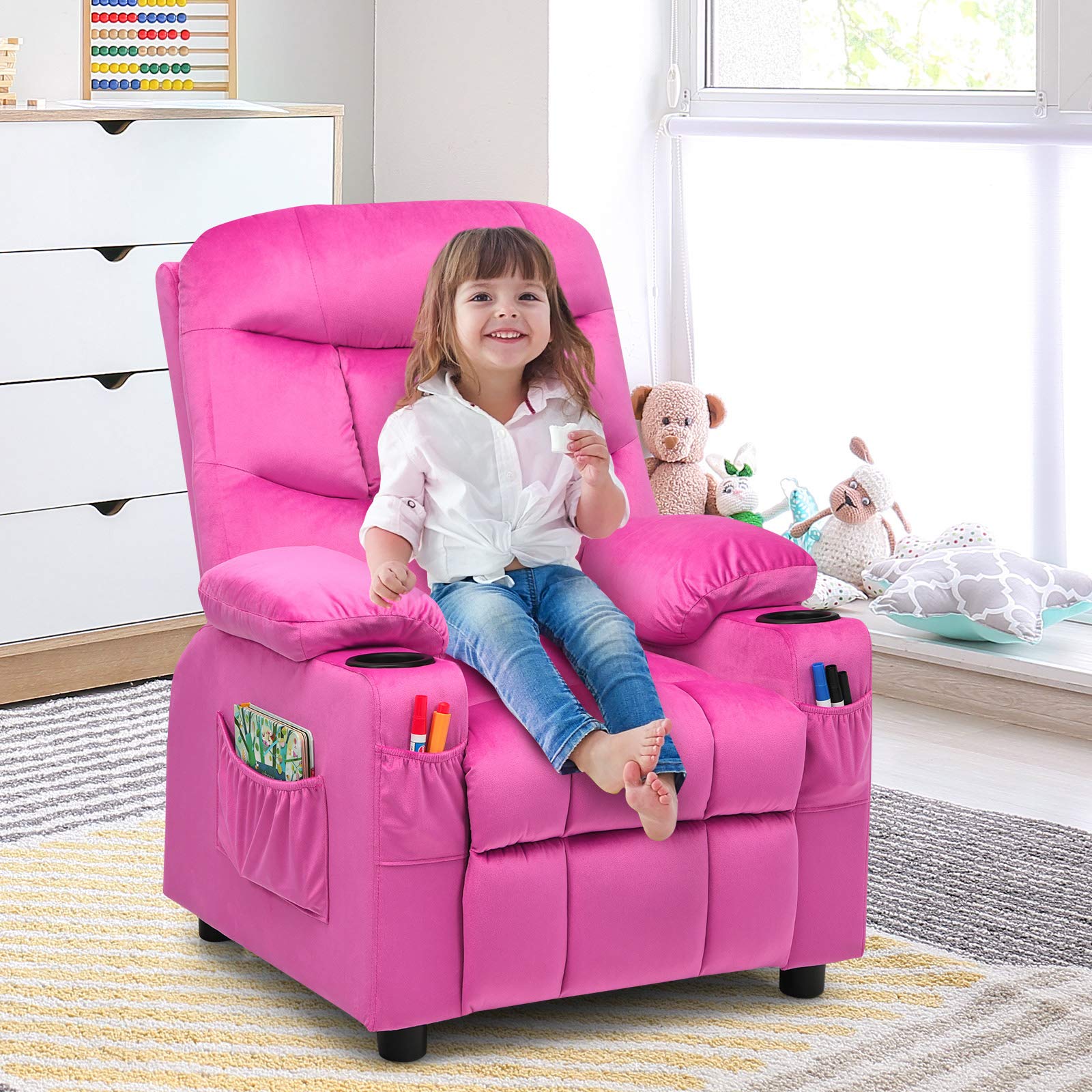 Costzon Kids Velvet Recliner Chair with Cup Holder, Footrest & Side Pockets for Children Boys Girls Baby Bedroom, Adjustable, Ergonomic Toddler Furniture Sofa Gifts (Rose)