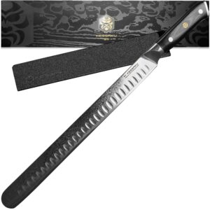 kessaku carving knife - 12 inch - damascus dynasty series - razor sharp - granton edge - forged 67-layer japanese aus-10v high carbon stainless steel - g10 garolite handle with blade guard