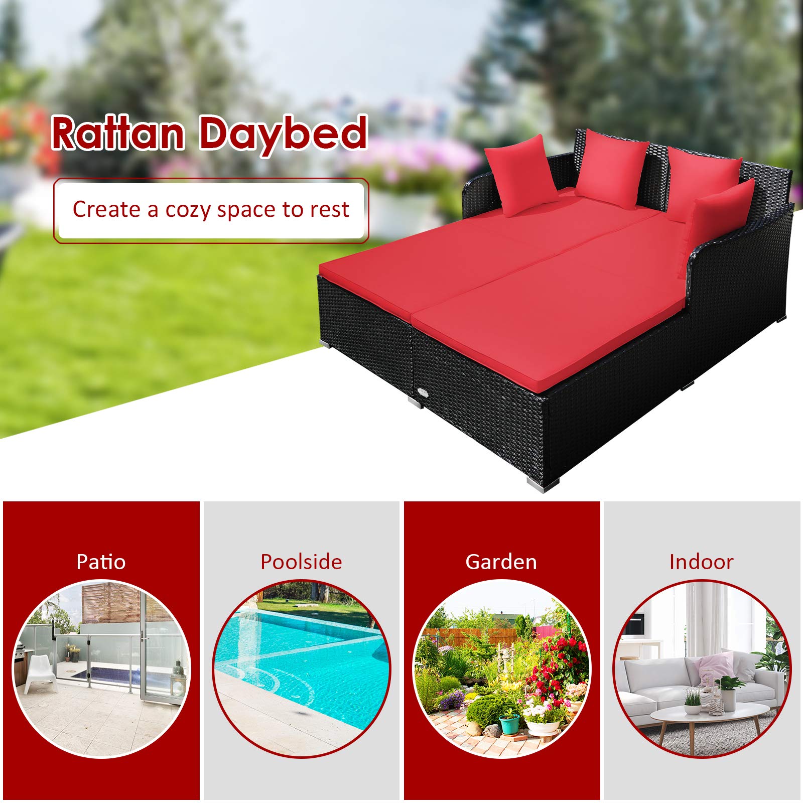 Tangkula Outdoor Rattan Daybed, Sunbed Wicker Furniture w/Spacious Seat, Upholstered Cushion & High-Resilience Sponge, Wicker Patio Sofa Set w/Extra Pillows for Courtyard Poolside(Red)