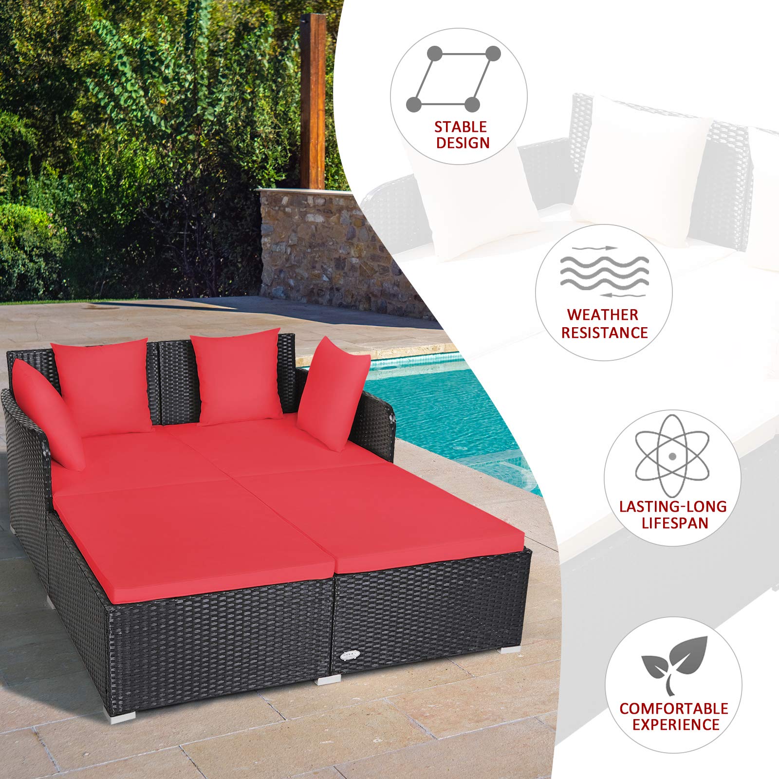 Tangkula Outdoor Rattan Daybed, Sunbed Wicker Furniture w/Spacious Seat, Upholstered Cushion & High-Resilience Sponge, Wicker Patio Sofa Set w/Extra Pillows for Courtyard Poolside(Red)