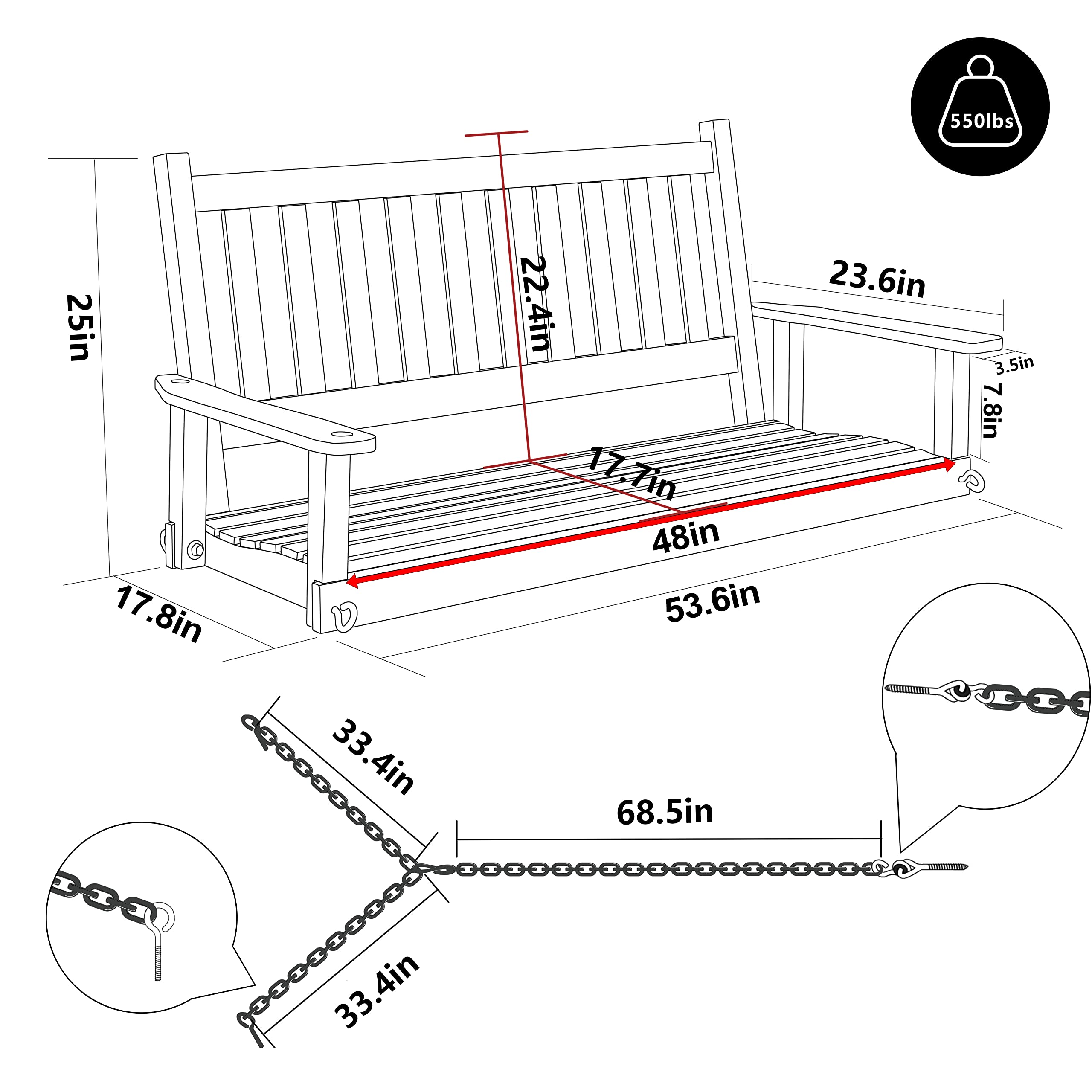 MUPATER Outdoor Patio Hanging Wooden Porch Swing 4FT with Chains, 2-Person Heavy Duty Swing Bench for Garden and Backyard, Black