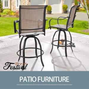 Sports Festival 2Pcs Patio Bar Stools with Armrest High Swivel Chairs with Textilene Fabric Metal Outdoor Furniture for Bistro Deck Lawn