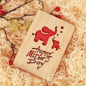 Della Stella Mothers Day Cards,Handmade Bamboo Greeting Cards,Wooden Thankyou Card,Wooden Birthday Card for Mom,Mum Birthday Gift,Elephant pattern