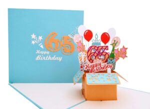 igifts and cards happy 65th blue birthday party box 3d pop up greeting card – sixty-five, awesome, balloons, unique, celebration, presents, feliz cumpleaños, fun, mom, dad