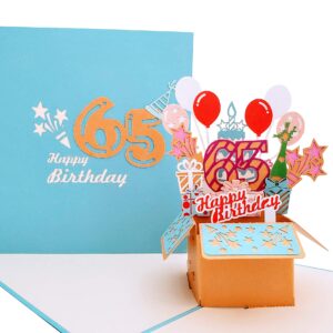 iGifts And Cards Happy 65th Blue Birthday Party Box 3D Pop Up Greeting Card – Sixty-Five, Awesome, Balloons, Unique, Celebration, Presents, Feliz Cumpleaños, Fun, Mom, Dad