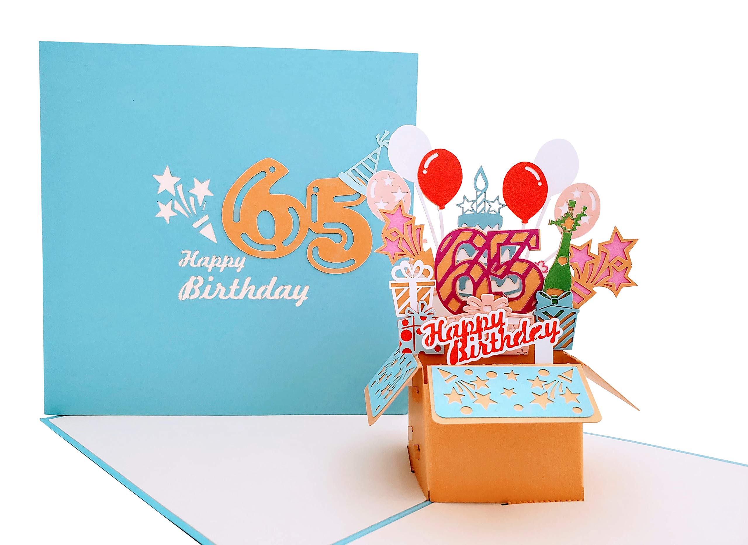 iGifts And Cards Happy 65th Blue Birthday Party Box 3D Pop Up Greeting Card – Sixty-Five, Awesome, Balloons, Unique, Celebration, Presents, Feliz Cumpleaños, Fun, Mom, Dad