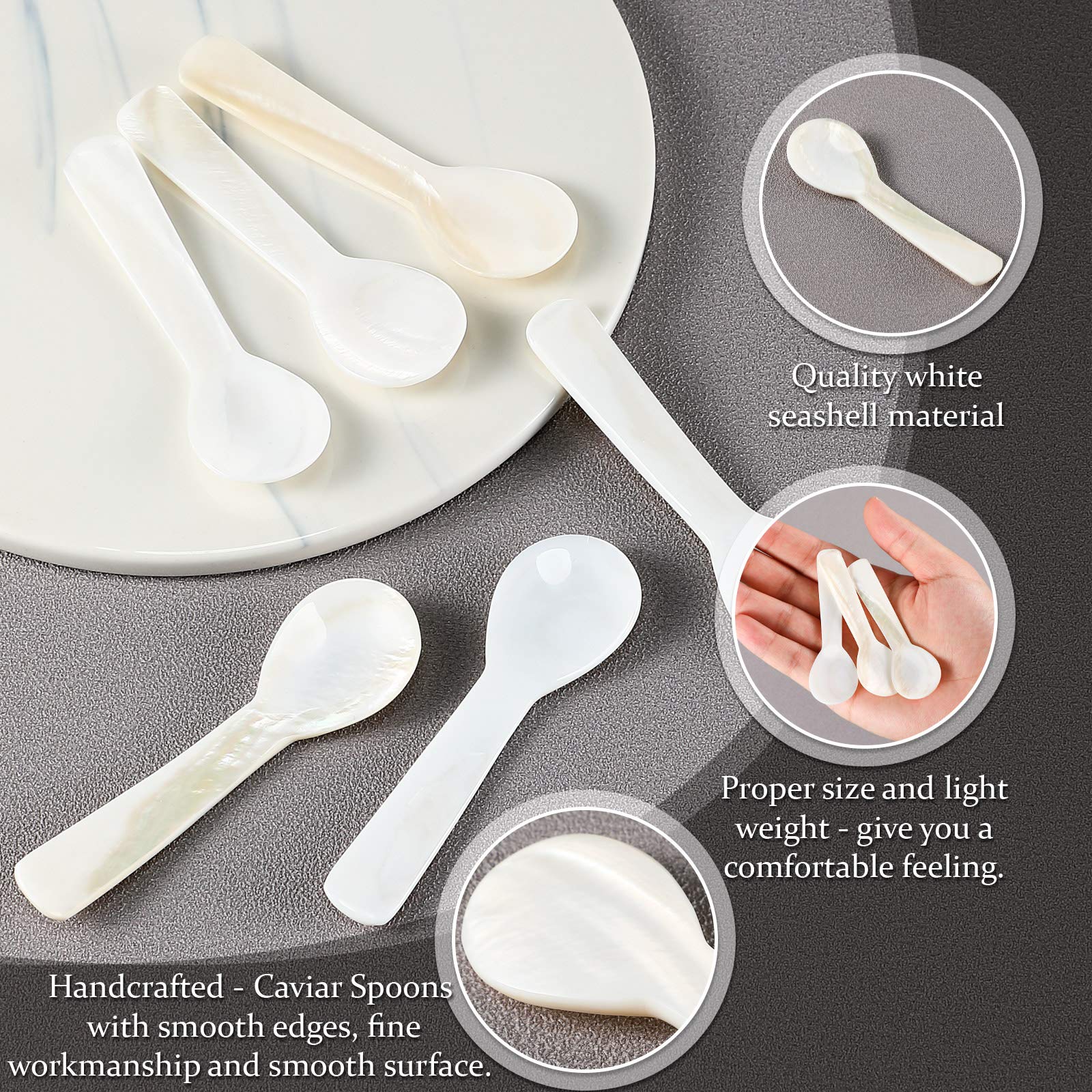 Caviar Spoons Mother of Pearl MOP Caviar Spoons with Hand Craft W Round Handle for Caviar, Egg, Ice Cream, Salt, Coffee Serving, Restaurant Serving Set (6 Pieces, 2.75 Inch)