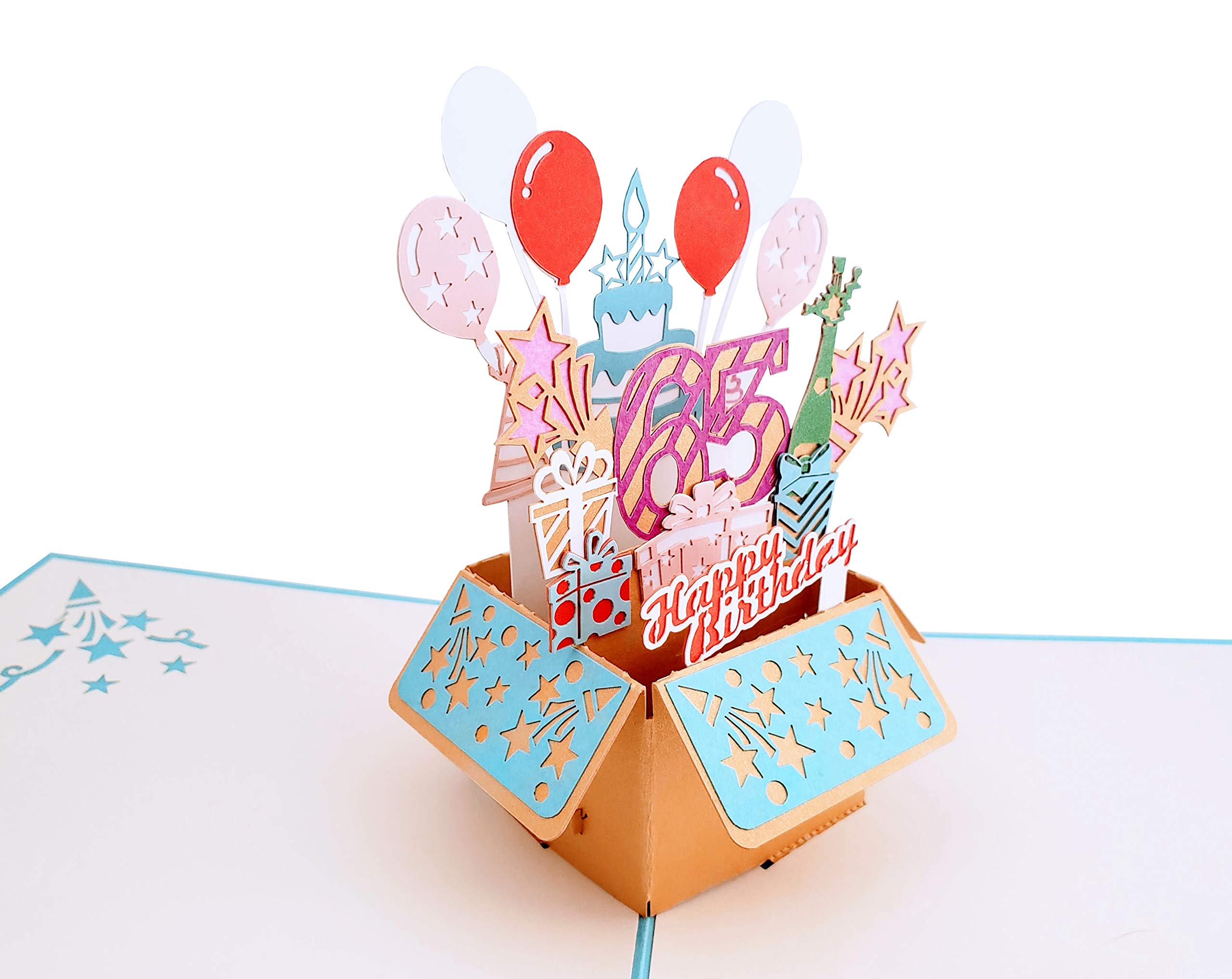 iGifts And Cards Happy 65th Blue Birthday Party Box 3D Pop Up Greeting Card – Sixty-Five, Awesome, Balloons, Unique, Celebration, Presents, Feliz Cumpleaños, Fun, Mom, Dad