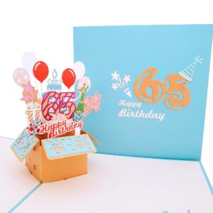 iGifts And Cards Happy 65th Blue Birthday Party Box 3D Pop Up Greeting Card – Sixty-Five, Awesome, Balloons, Unique, Celebration, Presents, Feliz Cumpleaños, Fun, Mom, Dad