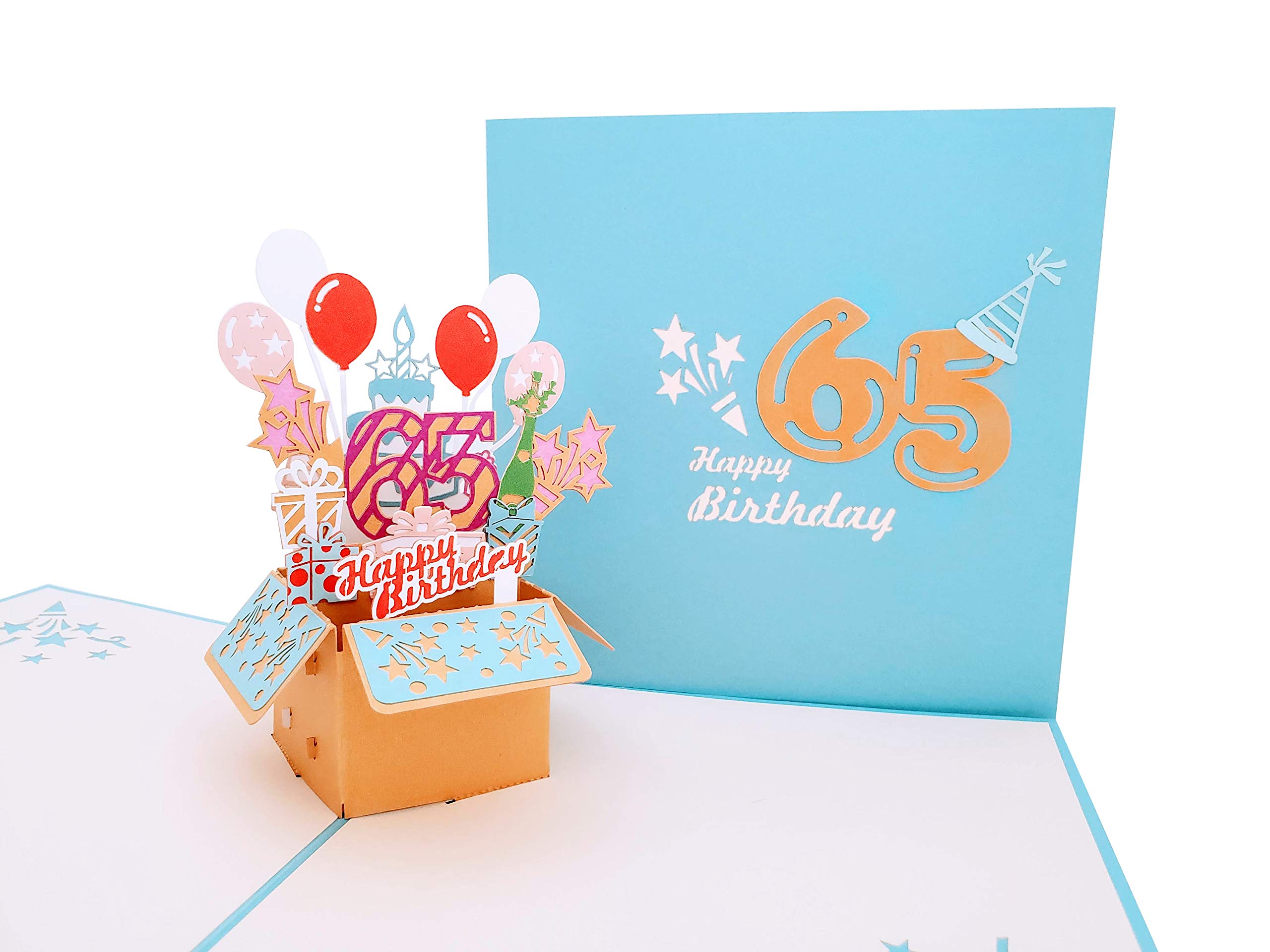 iGifts And Cards Happy 65th Blue Birthday Party Box 3D Pop Up Greeting Card – Sixty-Five, Awesome, Balloons, Unique, Celebration, Presents, Feliz Cumpleaños, Fun, Mom, Dad