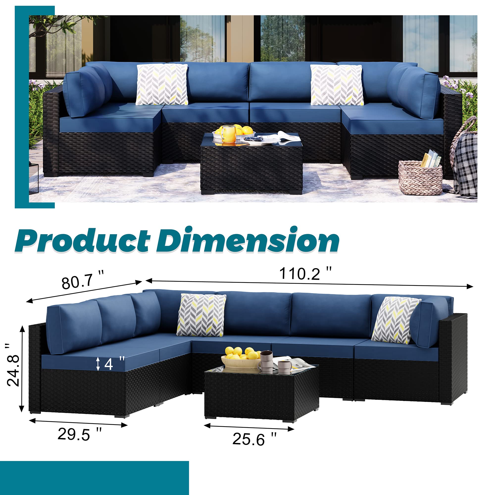 SUNLEI 7pcs Patio Conversation Sets Outdoor Furniture Sets, High Back All-Weather Rattan Sectional Sofa with Tea Table&Washable Couch Cushions(Black Rattan)（Blue）