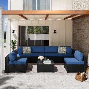 sunlei 7pcs patio conversation sets outdoor furniture sets, high back all-weather rattan sectional sofa with tea table&washable couch cushions(black rattan)（blue）