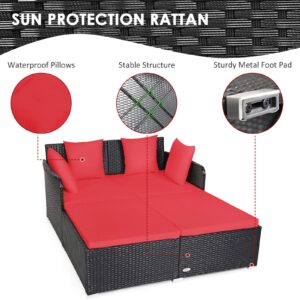 Tangkula Outdoor Rattan Daybed, Sunbed Wicker Furniture w/Spacious Seat, Upholstered Cushion & High-Resilience Sponge, Wicker Patio Sofa Set w/Extra Pillows for Courtyard Poolside(Red)