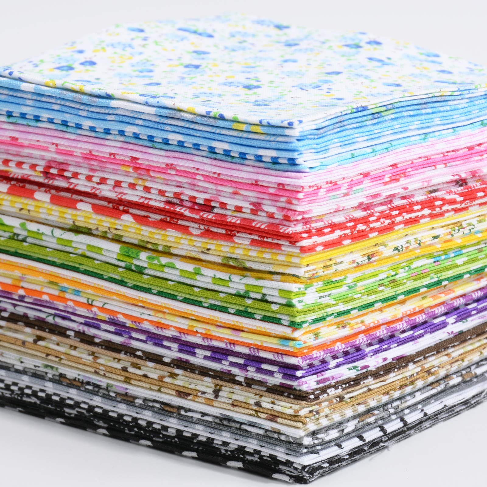 Pofik 70Pcs No Repeat Design Squares Quilting Fabric Bundles, 9.8"x9.8"(25x25cm) 100% Cotton Printed Floral Craft Fabric, Precut Multi-Color for Patchwork DIY Craft Sewing