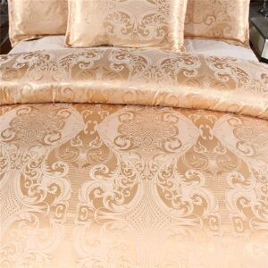 Dencalleus Jacquard Satin Duvet Cover 3 Piece Set Reversible Luxury Double Brushed Microfiber Ultra Soft King Size Silk Like Floral Bedding Comforter Covers Zipper Closure and 2 Pillow Shams Gold