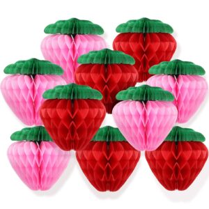 skylety 10 pieces 6 inch paper strawberry honeycomb ball tissue paper strawberry ball for strawberry birthday party decoration (red and pink)