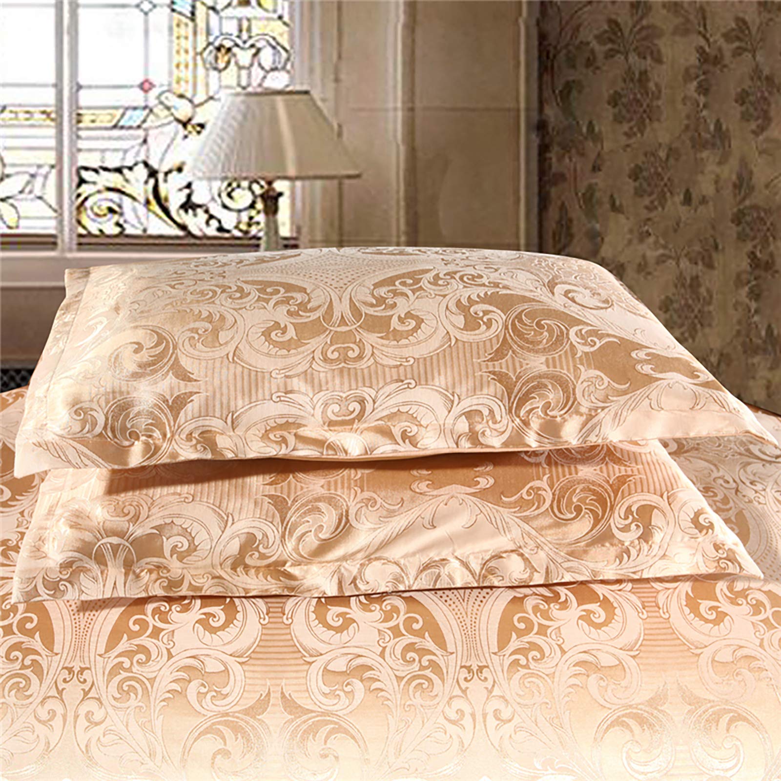 Dencalleus Jacquard Satin Duvet Cover 3 Piece Set Reversible Luxury Double Brushed Microfiber Ultra Soft King Size Silk Like Floral Bedding Comforter Covers Zipper Closure and 2 Pillow Shams Gold